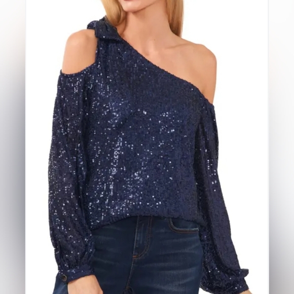 CeCe | Tops | New Cece Sequined One Shoulder Blue Top Size Large | Poshmark